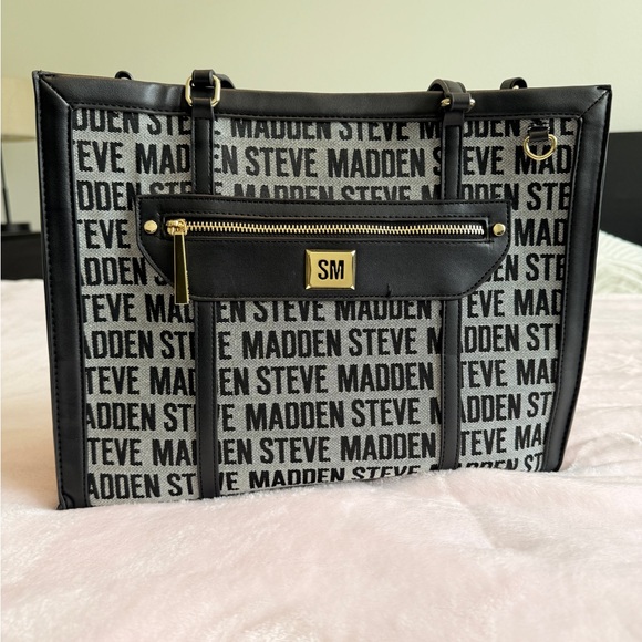 Steve Madden | Bags | Steve Madden Monogram Black And Gray Tote | Poshmark
